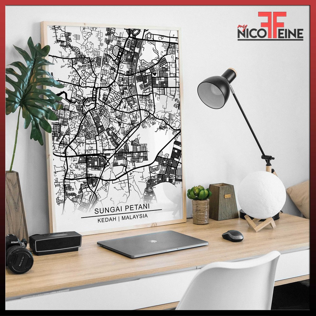 NEW Sungai Petani Kedah Minimal Map Black and White Large Poster Print ...