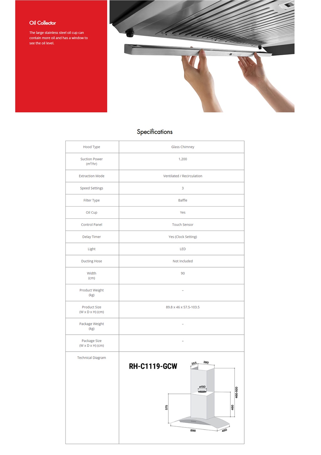 Rinnai RH-C1119-GCW 90cm Chimney Hood | ESH | Shopee Malaysia