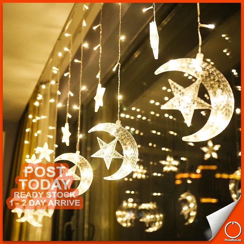 𝐖𝐀𝐓𝐄𝐑𝐏𝐑𝐎𝐎𝐅 Solar LED Moon Star Light Curtain Decoration Lights Outdoor ...