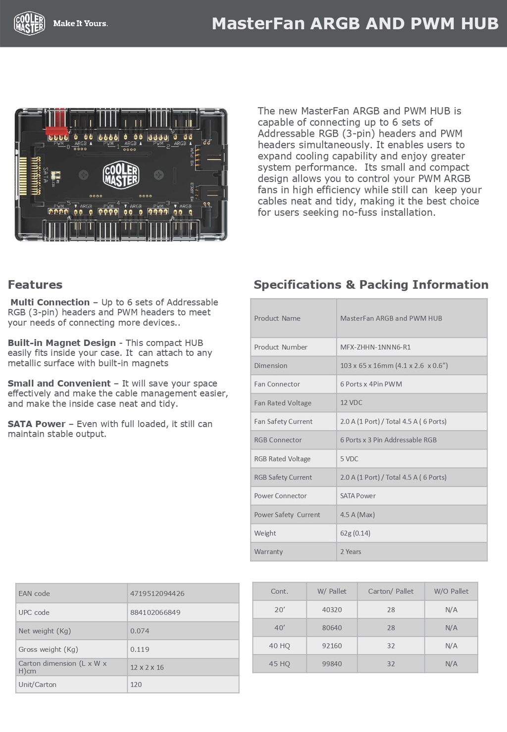 Cooler Master MasterFan ARGB And PWM Hub 1 To 6 Port (MFX-ZHHN-1NNN6-R1 ...