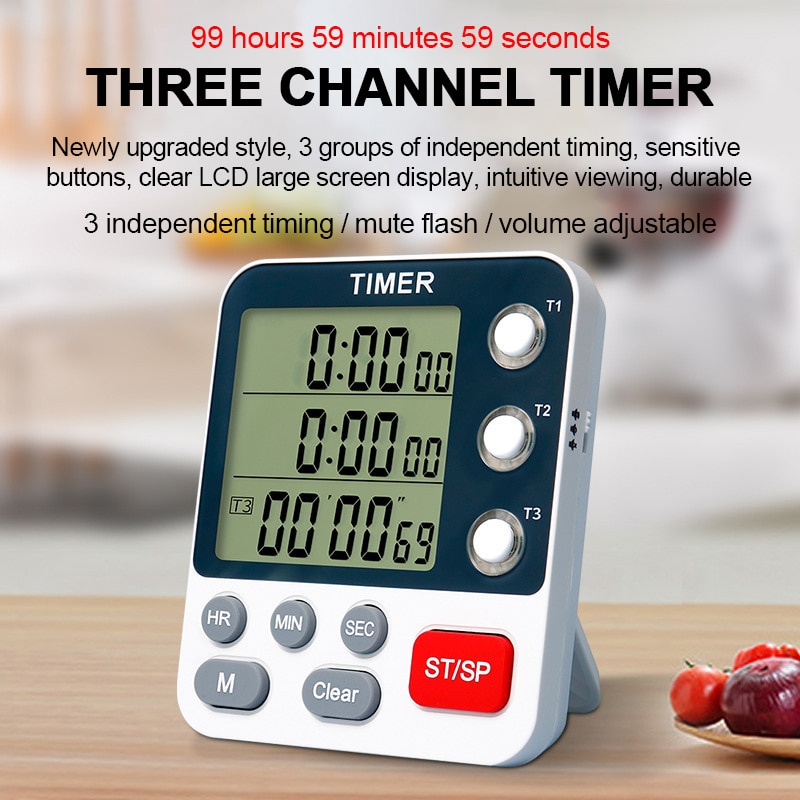 3 Channels Kitchen Timer 100 Hours Countdown Timer For Shower Study ...