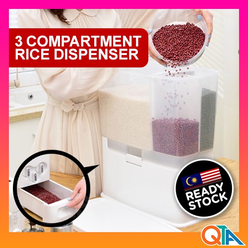 3 Compartment Japanese Rice Dispenser Rice Storage Cereal Bean Grain ...