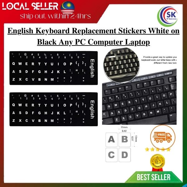 English Keyboard Replacement Stickers White on Black Any PC Computer ...
