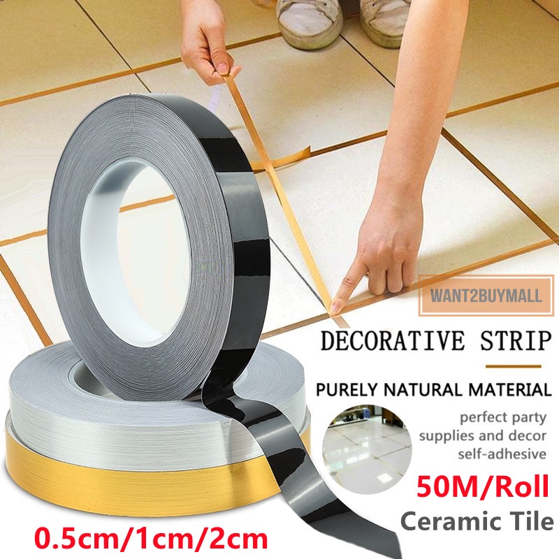 50M/Roll Ceramic Tile Mildewproof Gap Tape Decor Gold Silver Black Self ...