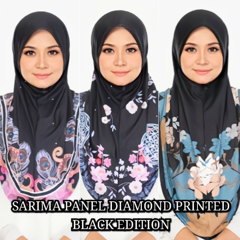 Tudung Sarima Panel Diamond Printed Black Edition (Borong) | Shopee ...