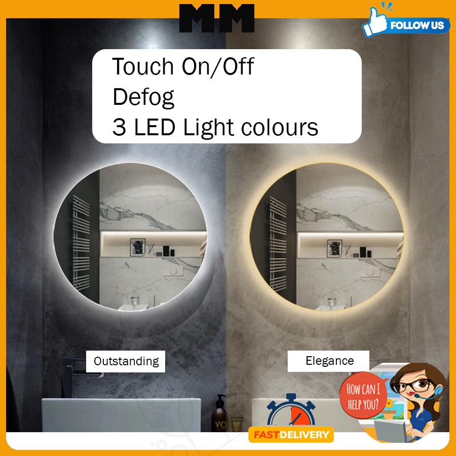 Round LED mirror touch on off anti fog defog time temperature display ...