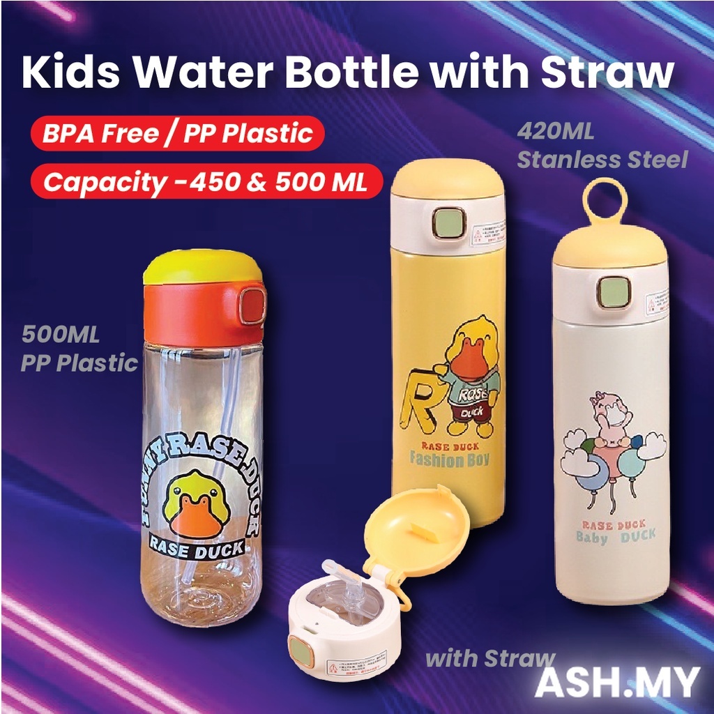 Stainless Steel Kids Bottle with Straw 420ml Water Bottle With Case keep warm RaseDuck小黄鸭儿童吸管杯 ...