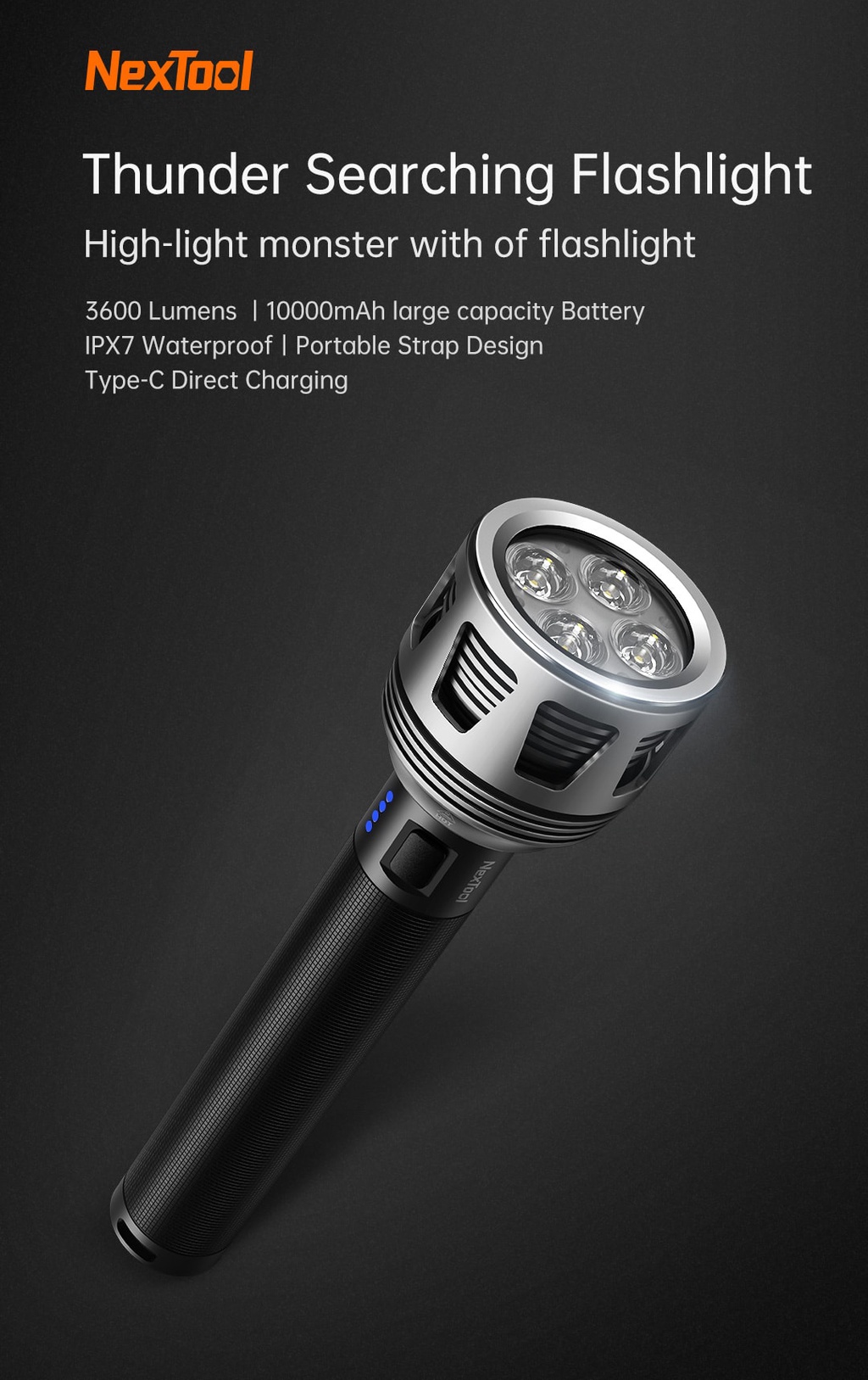 Nextool Outdoor Search Strong Light Flashlight 3600 Lumens 450M Long ...