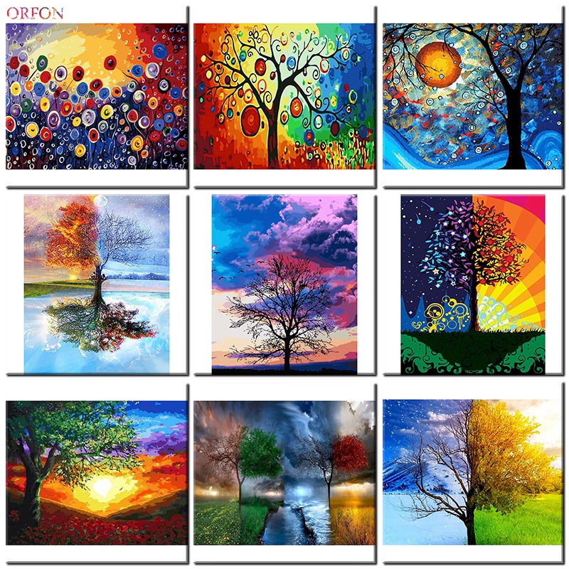 【ORFON】Four Seasons Tree Paint By Numbers DIY Digital Oil Painting By Numbers On Canvas Home ...