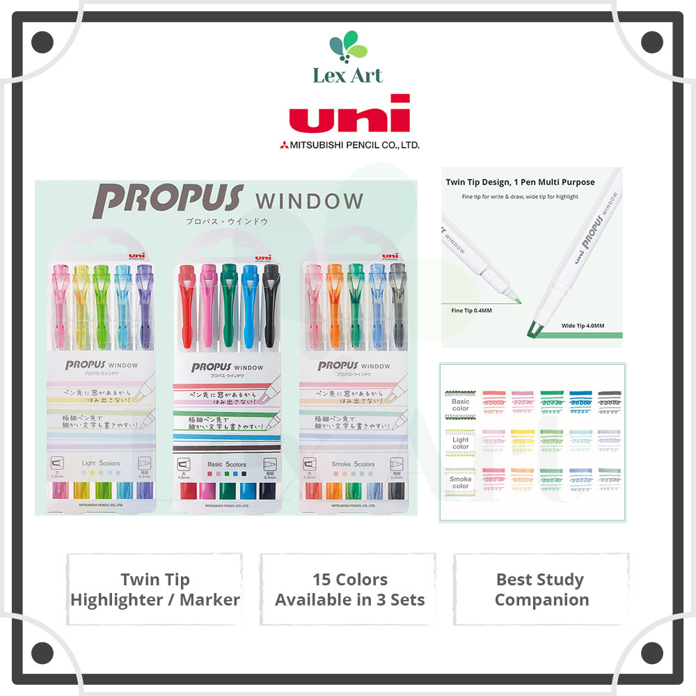 Uni Mitsubishi Propus Window Twin Tip Highlighter Set of 5 Colors (PUS-103T), Japan Stationery ...