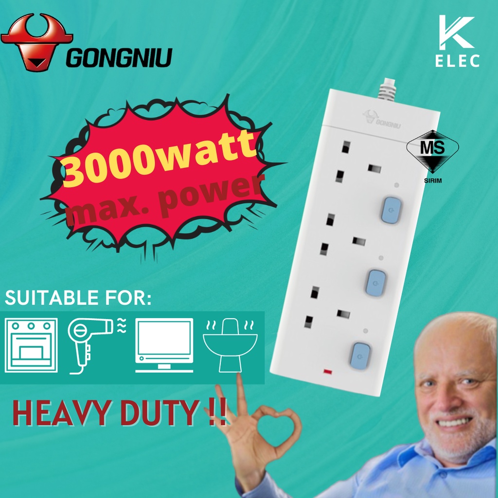 [LOCAL READYSTOCK] GONGNIU Extension HEAVY DUTY Safety Socket Quality Trailing Socket Plug 3 4 5 ...