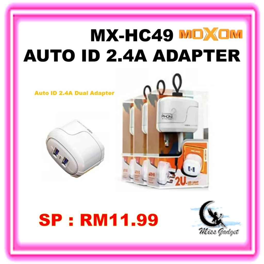 MOXOM MX-HC49 2.4A FAST CHARGE ADAPTER AUTO-ID DUAL OUTPUT WITH LED ...