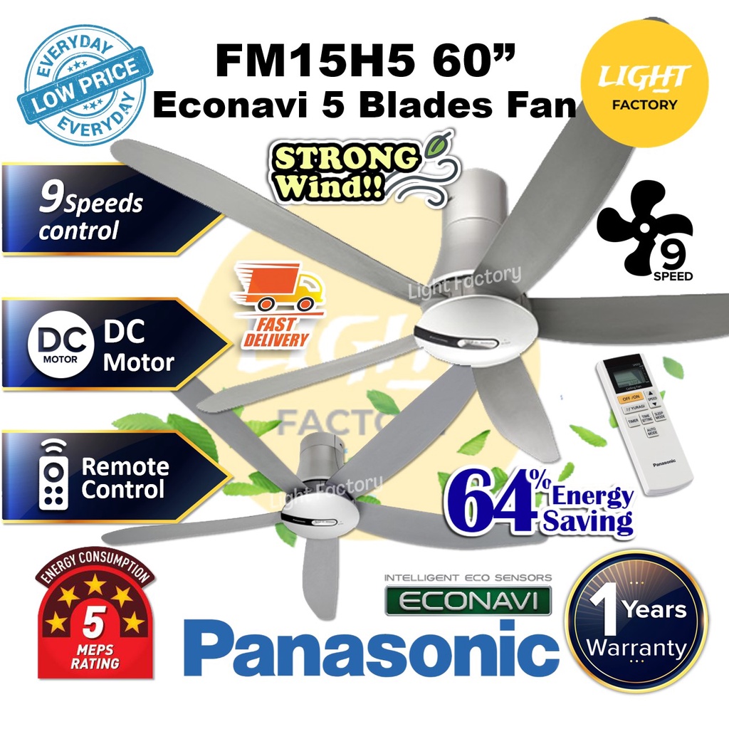 PANASONIC ECONAVI Series FM15H5 60" 5 Blades Short/Long Pipe DC Ceiling ...