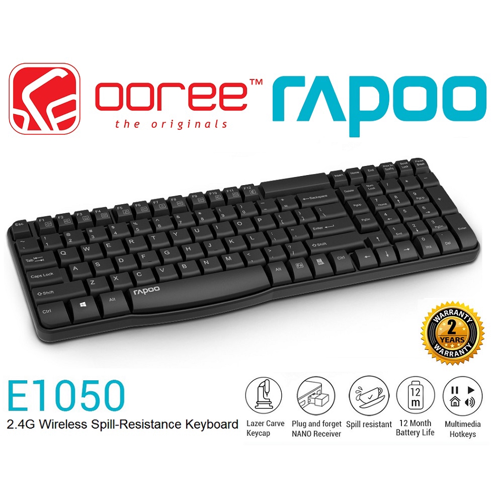 RAPOO E1050 SPILL-RESISTANCE WIRELESS KEYBOARD WITH NANO RECEIVER, 10 ...