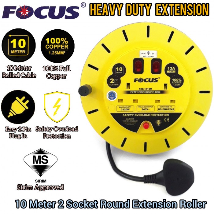 FOCUS HEAVY DUTY 5 /10 METER ROUND EXTENSION ROLLER PLUG ADAPTOR WITH 1 ...