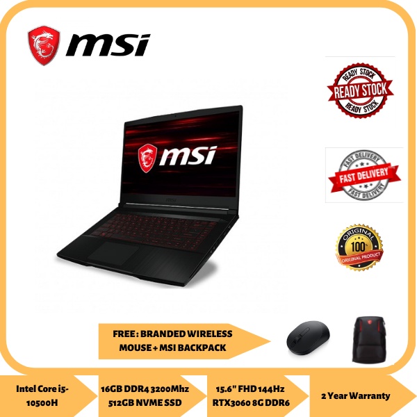 MSI GF65 THIN 10UE-423 GAMING LAPTOP (I5-10500H/512GB/16GB/RTX3060 6GB/WIN10H/15.6"FHD 144/2YR ...