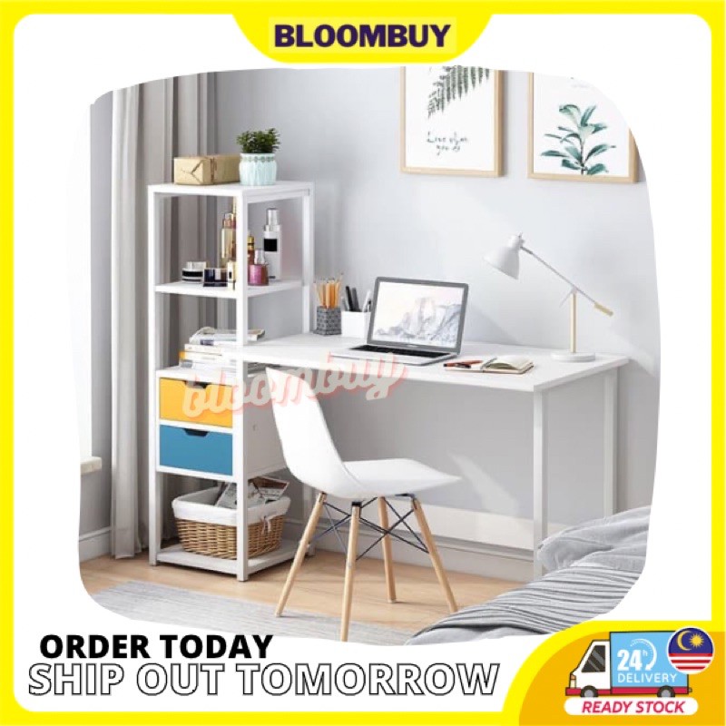 120CM Meja belajar Computer Study Table With Side Bookshelves ...