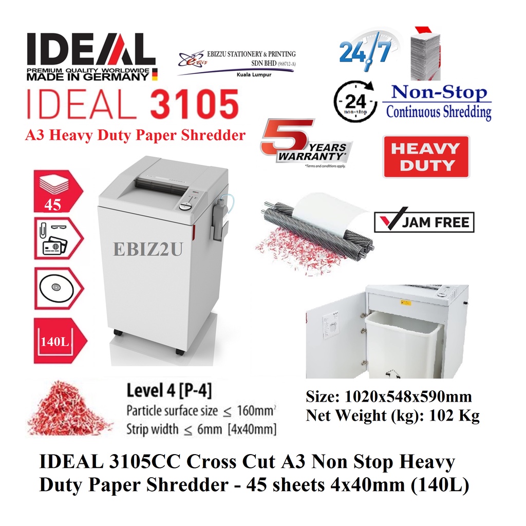 IDEAL 3105 CC 4 x 40mm Oiler Cross Cut A3 Non Stop Heavy Duty Paper Shredder - 45 sheets 140L ...