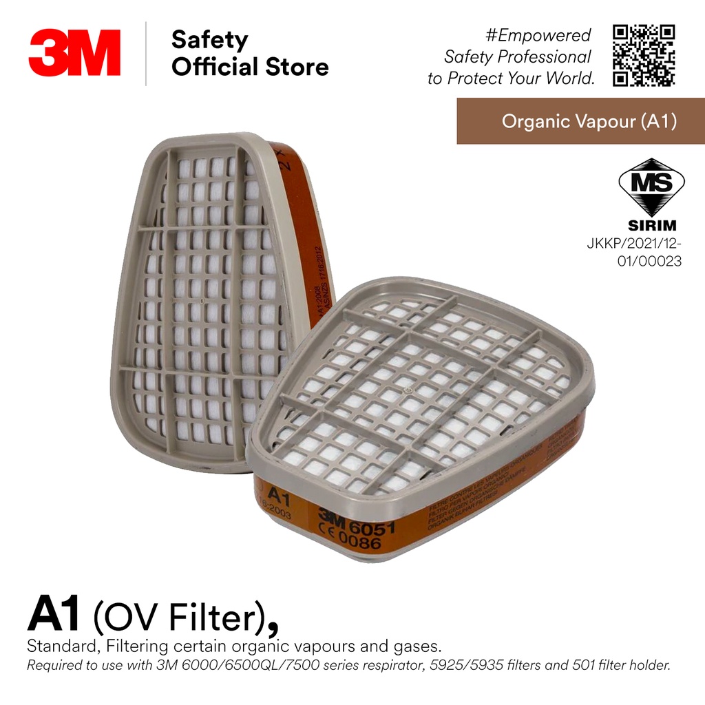3M™ 6051 (CE & SIRIM) Organic Vapor A1 Filter/ Cartridge/ 6001 ...