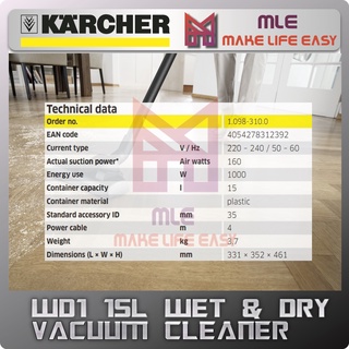 KARCHER WET AND DRY VACUUM WD1 CLASSIC (LATEST MODEL 1200W) - 1 YEAR ...