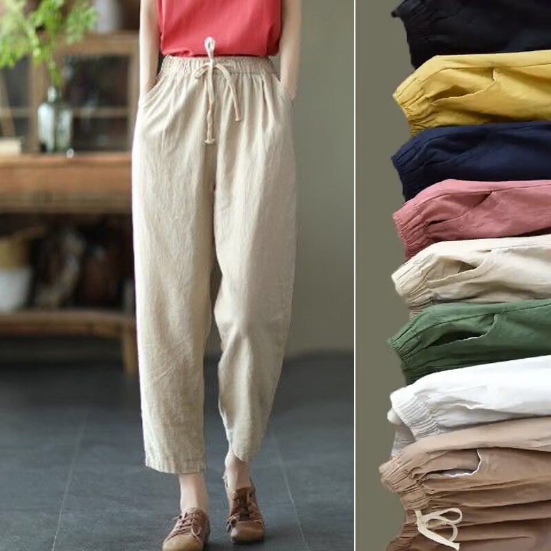 Women Loose Casual Pants Plus Size High Waist Cotton Linen Pant