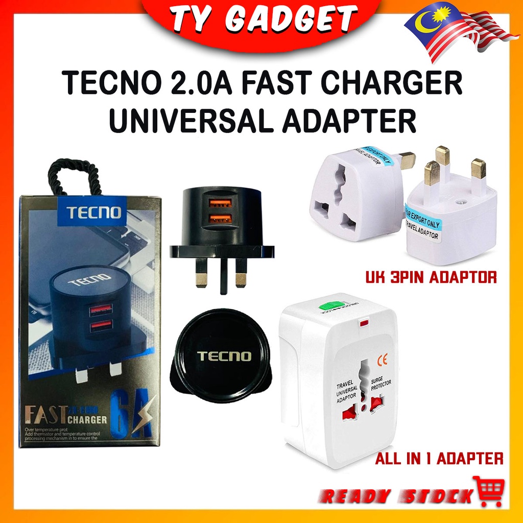 TECNO Charger Plug Wall 2.0A Fast Charger Universal USB Charger 3UK PIN ...