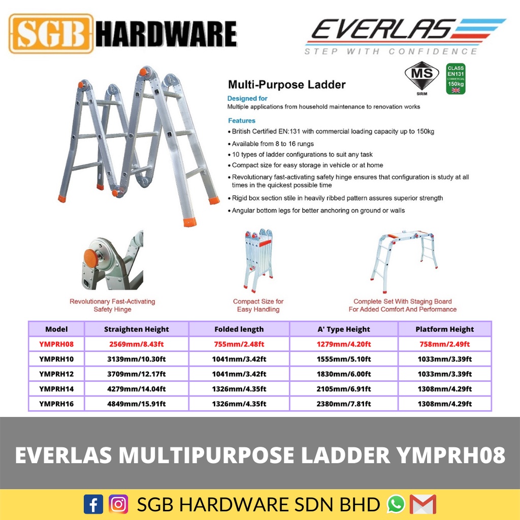 EVERLAS YMPRH08 8 RUNGS MULTI PURPOSE LADDER - SILVER UP | Shopee Malaysia