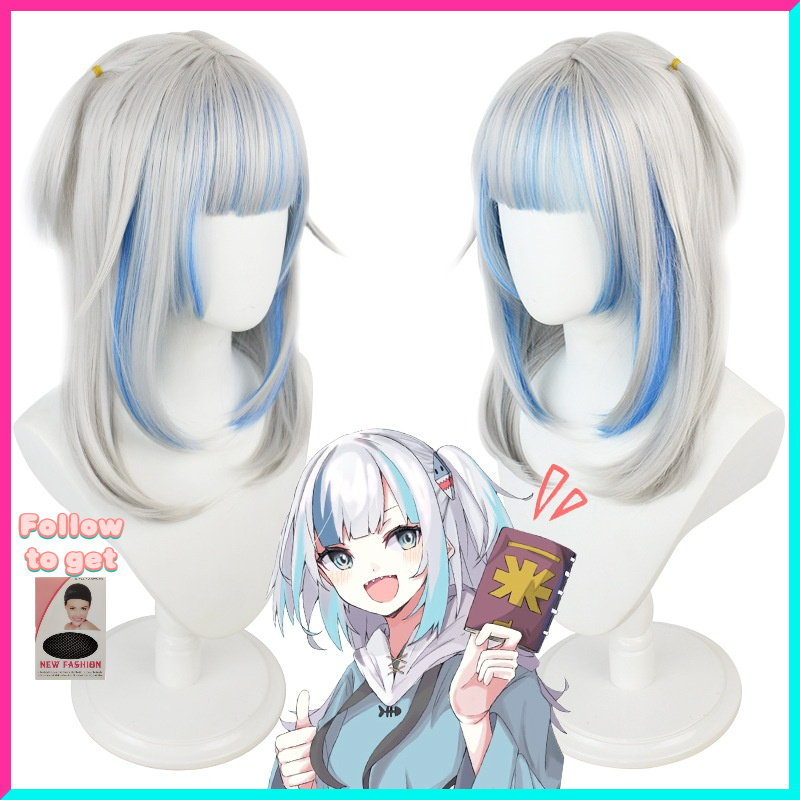 Gradient Silver Blue Cute Wig for Hololive Gawr Gura Women Cosplay Wig ...