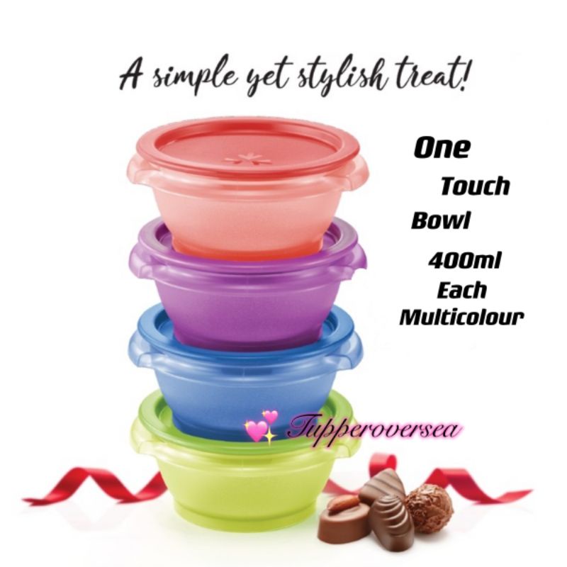 Tupperware One Touch Bowl (4) 400ml - Salmon / Purple / Blue / Green ...