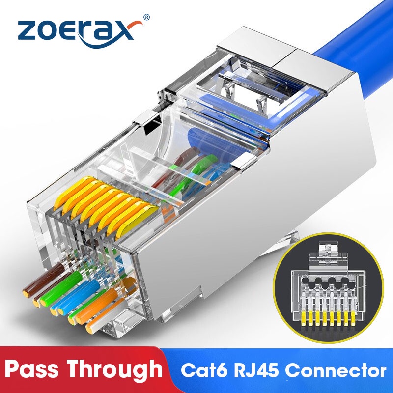 ZoeRax Cat6 Cat6a Pass Through RJ45 Connector,30u Gold Plated Shielded Modular Plug 1.1mm/1.2mm ...
