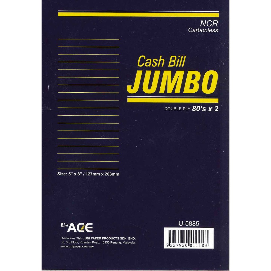 UNI ACE JUMBO CASH BILL BOOK 80'S X 2 PLY ( U-3585 / U-5885 / U-6785 ...