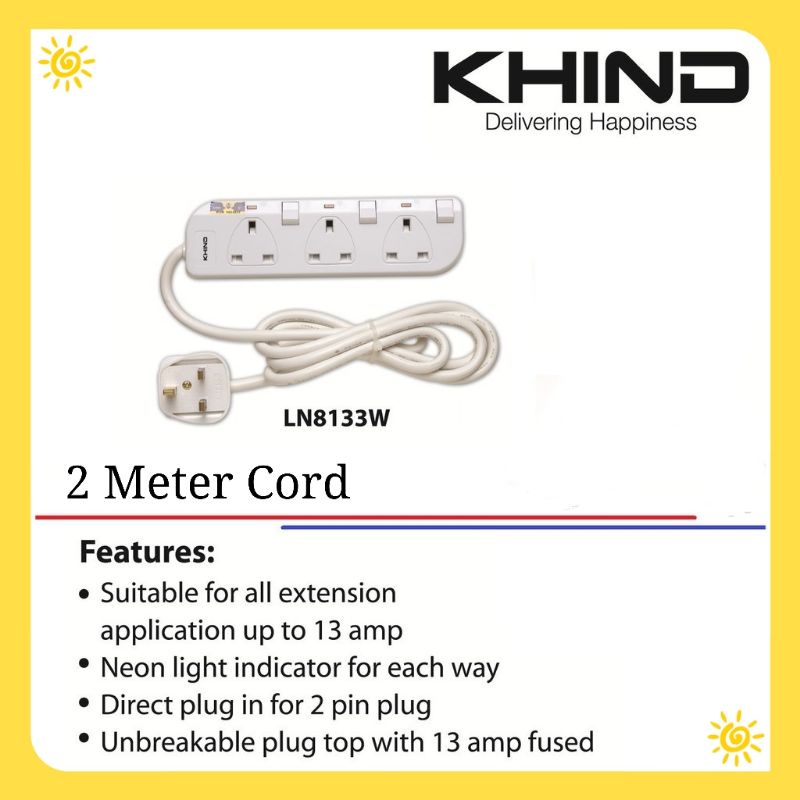 Khind 3 Way Trailing Socket/Multi Way Adaptor/Extension Wire (2 Meter ...