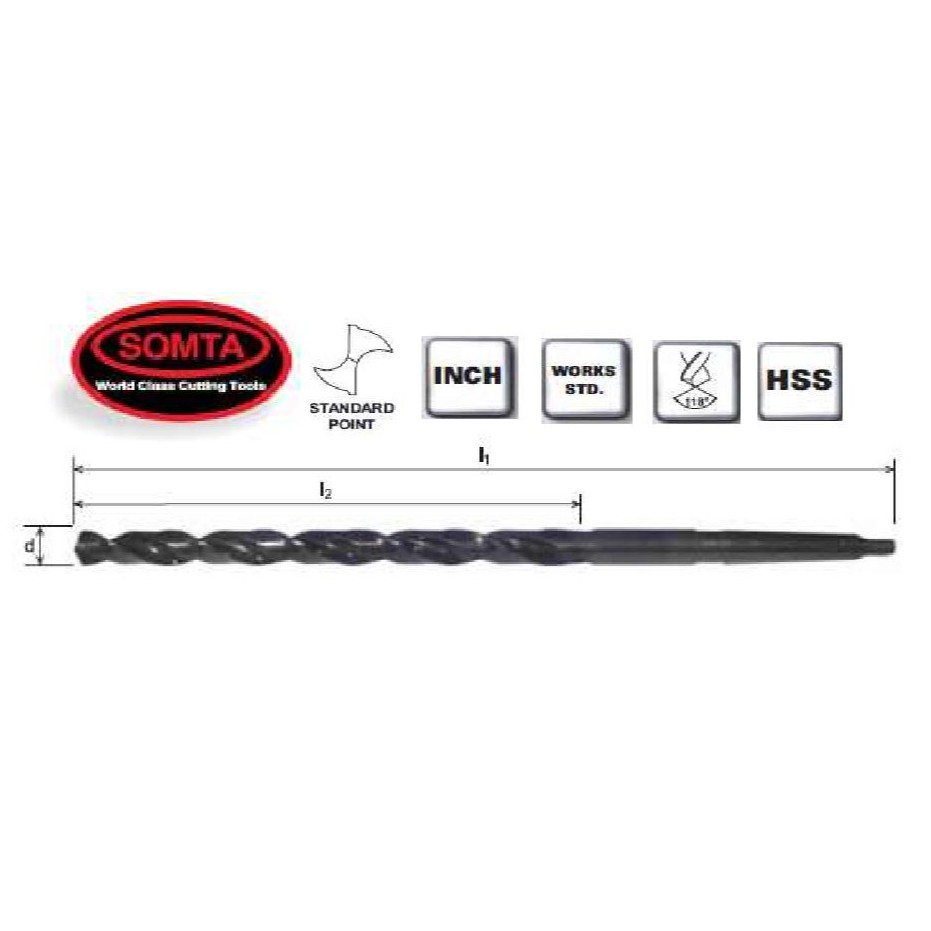Somta MTS Extra Length Drill (9/16 ~ 7/8) MT-2 (HSS) Inch (l2=15", l1 ...