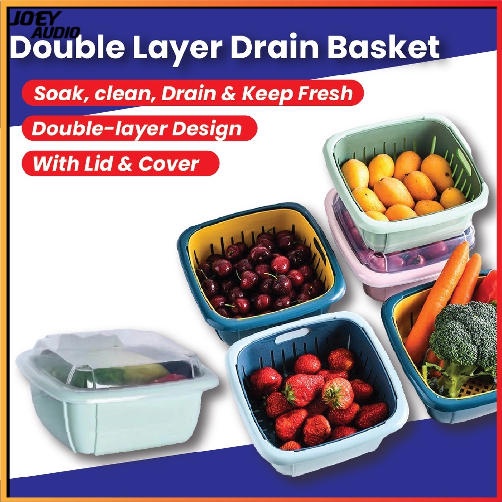Multifunction Double-layer Drain Basket with Lid Plastic Fruit Storage ...