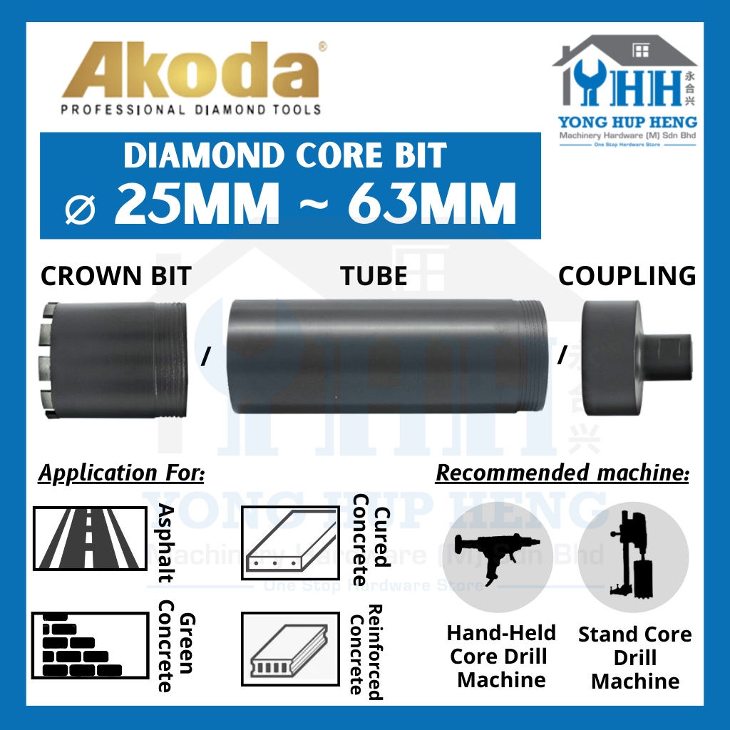 AKODA 25mm - 63mm Diamond Construction Core Bit 3 Piece Type ( Corown ...