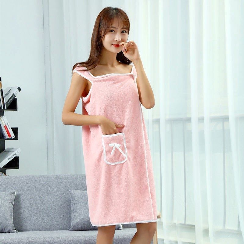 Microfiber Wearable Bath Towel With Pocket Absorbent Women Bathrobe Solid Color Sling Bath ...