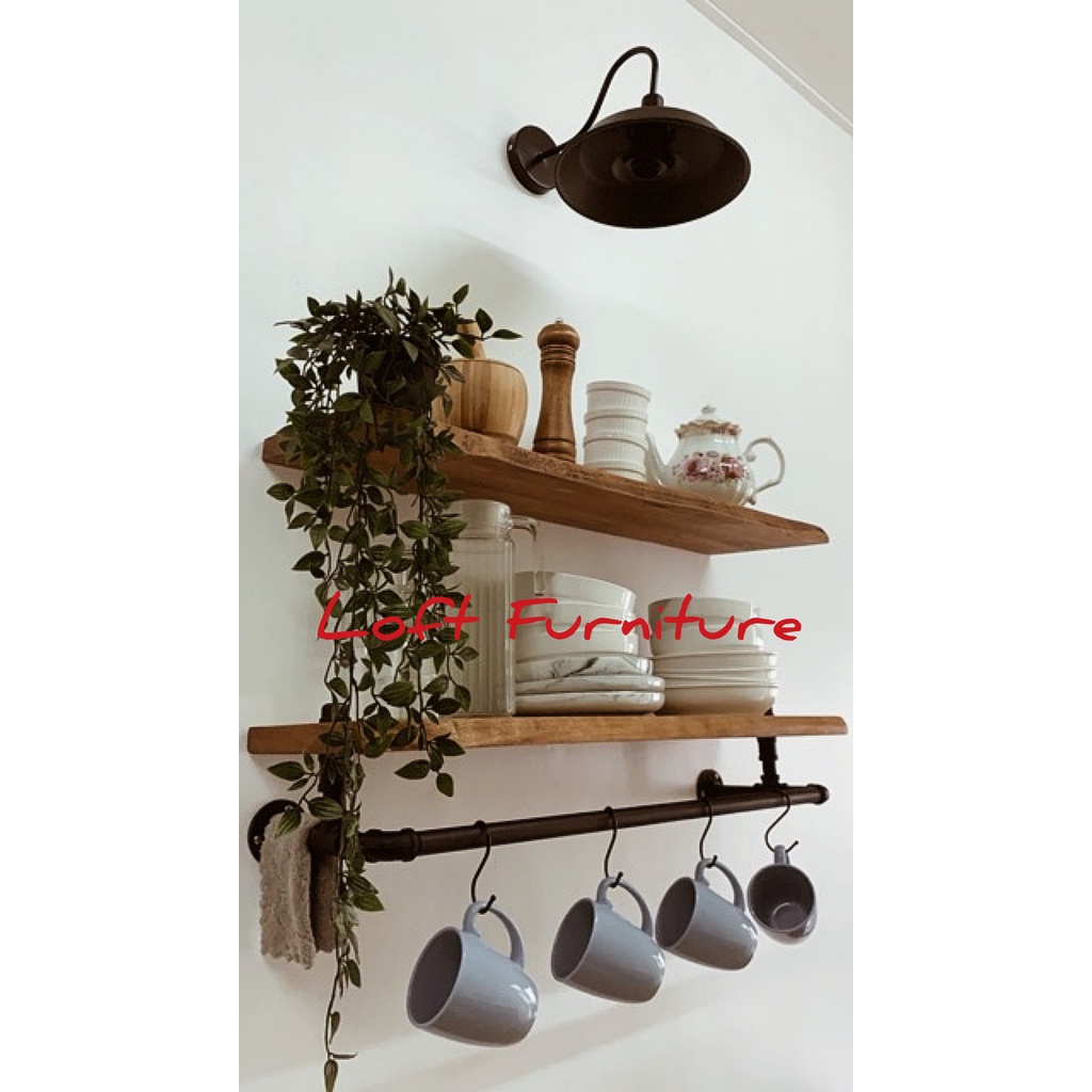 Solid Wood Wall Rack Double Layer LiveEdge Curve Design Natural Solid ...