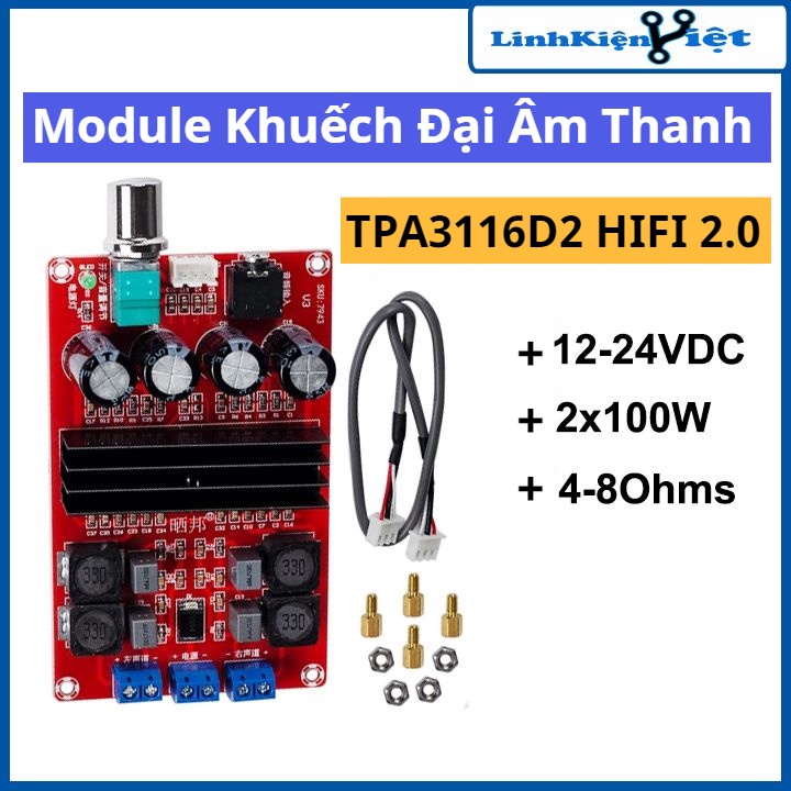 Audio amplifier Module TPA3116D2 HIFI 2.0 2*100W 12-24VDC 4-8 Ohms ...