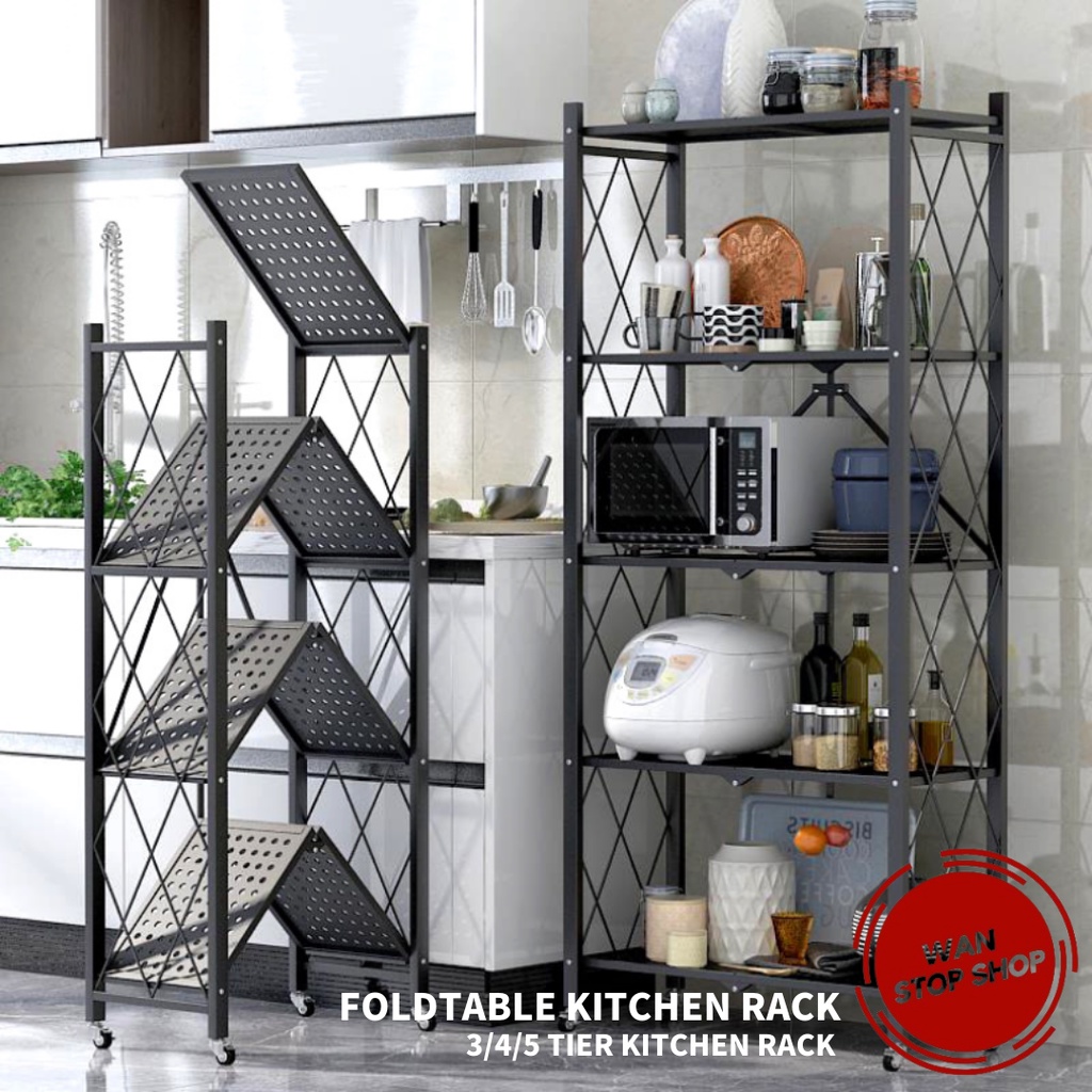 3 / 4 / 5 Tier Foldable Kitchen Rack Shelves with Wheels Moveable Heavy ...