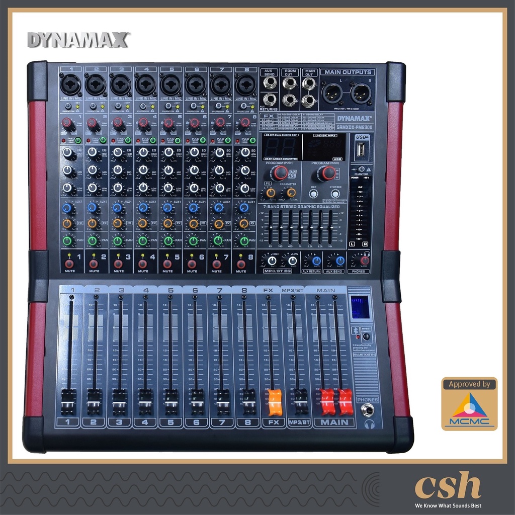 DYNAMAX PM8300 8-Channel 300W x 2 Powered Mixer With USB / Bluetooth ...