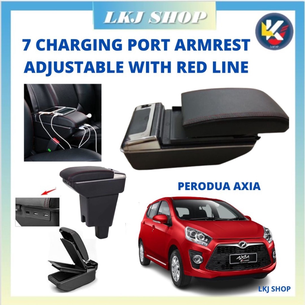 PERODUA AXIA 2014-2022 ADJUSTABLE ARMREST WITH 7 USB CHARGING PORT RED ...