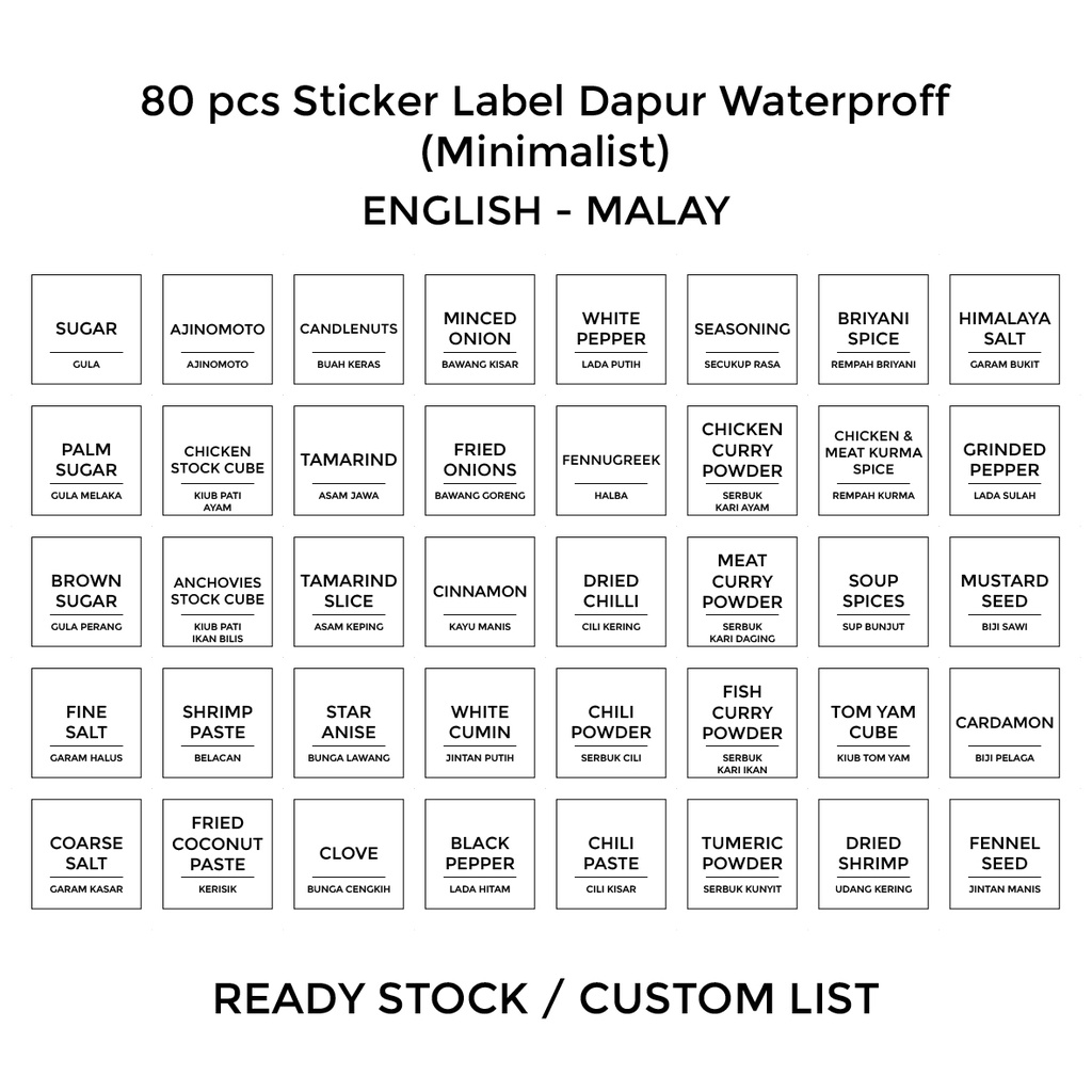 80 pcs English - Malay | Sticker Label Dapur Waterproof (Minimalist ...