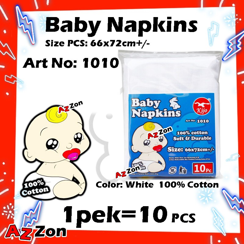 1010 KIJO 10pc Baby Napkins 100% Cotton White Baby Napkins Kain Putih ...