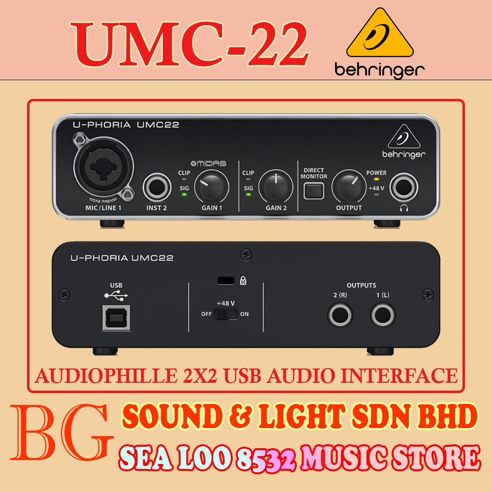 BEHRINGER UMC22 / UMC-22 AUDIOPHILE 2x2 USB AUDIO INTERFACE WITH MIDAS ...