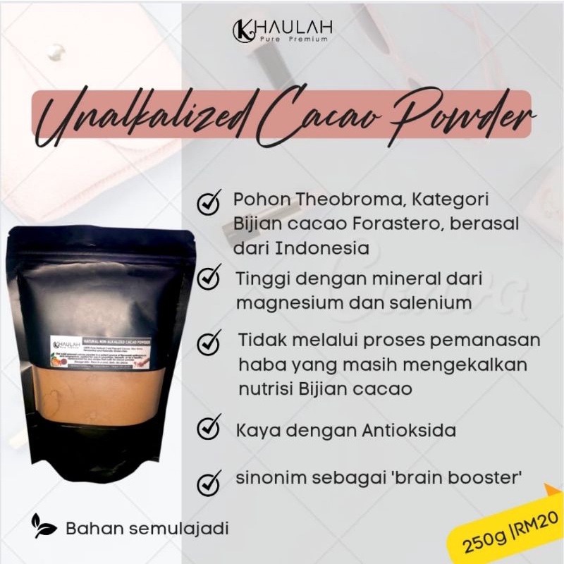 Khaulah Pure Premium, Natural Non-Alkalized Cacao Powder, 250g | Shopee ...