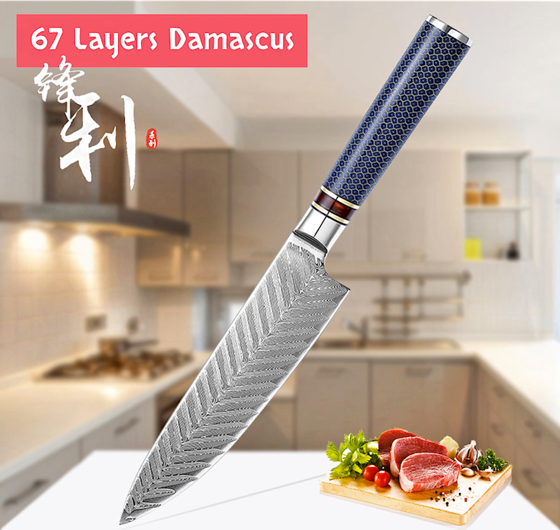 67 Layers FEATHER Pattern Damascus Kitchen Chef Knife With Hexagonal ...
