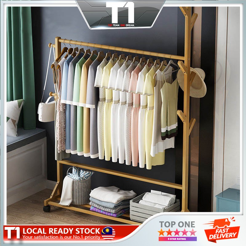 T1 Cloth Rack Bamboo Wooden Rolling Coat Rack Multifunctional Bedroom ...
