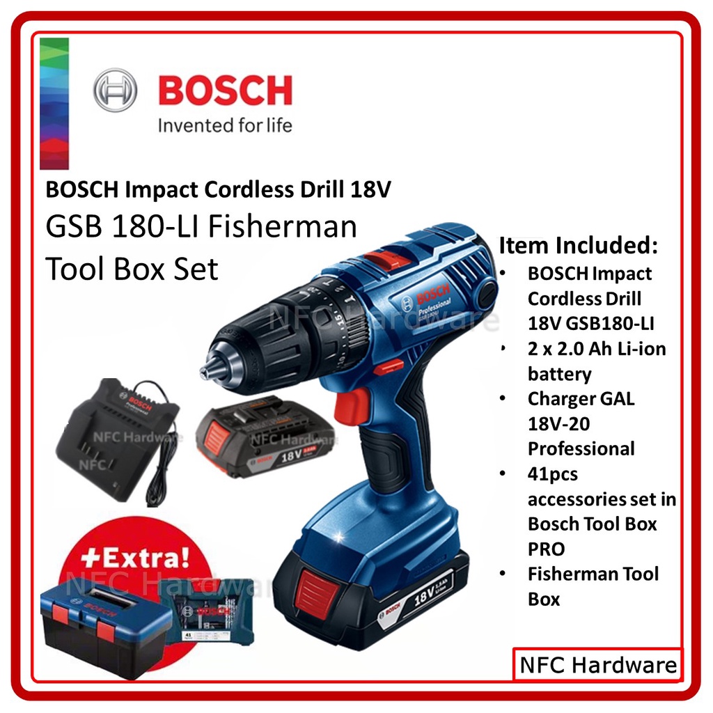BOSCH GSB 180LI Cordless Impact Drill 18V GSB 180-LI Fisherman Tool Box ...
