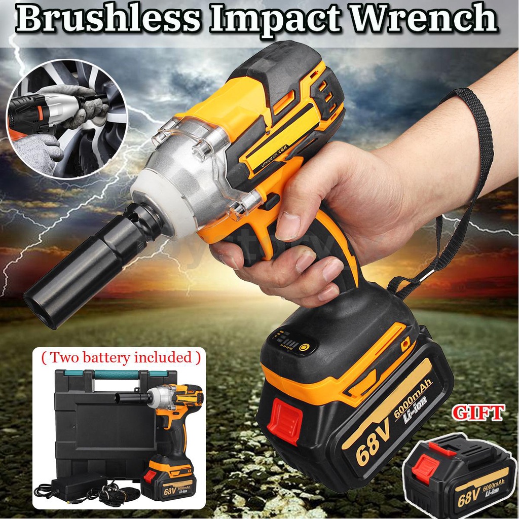 68V 6000mAh Cordless Li-Ion Electric Impact Wrench Brushless Motor + 2 ...