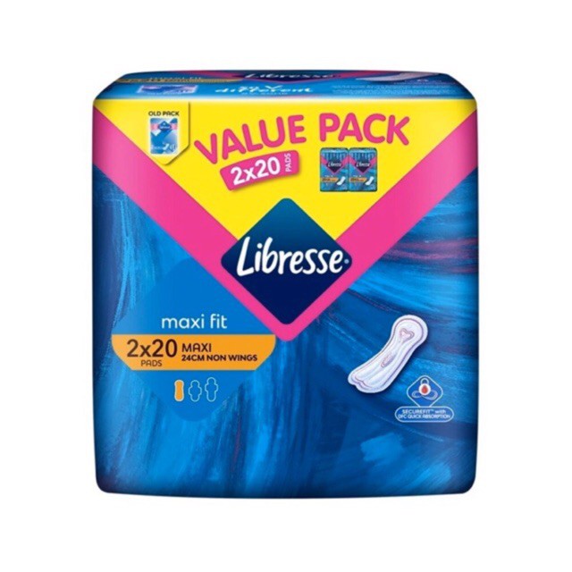 Libresse 2x Value Pack Maxi Fit Wings / Non Wing Long & Wide Fit 24cm ...